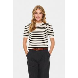 Kurzarmpullover Saint Tropez "MilaSZ SS Striped", Damen, Gr. L, braun rice schwarz stripe, Strick, Obermaterial: 80% Viskose, 20% Polyacryl, gestreift, regular fit normal, Rundhals, Pullover Kurzarmpullover