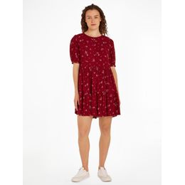 Blusenkleid Tommy Jeans "TJW FLORAL TIERED ALINE DRESS", Damen, Gr. M (38), N-Gr, schwarz (mountain floral), Web, Obermaterial: 100% Viskose, bedruckt, regular fit, Rundhals, Kleider Blusenkleid, mit Blumenprint