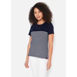 T-Shirt bonprix, Damen, Gr. 40/42 (M), blau (dunkelblau gestreift), Jersey, Obermaterial: 100% Baumwolle, gestreift, loose fit normal, Rundhals, Shirts T-Shirt, lockere Passform, Kurzarm-Design, mit Rundhalsausschnitt