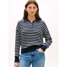 Strickpullover Tommy Hilfiger "CO CABLE FINE GG RLXD POLO SWT", Damen, Gr. L (42/44), schwarz night navy, ivory petal stp, Strick, Obermaterial: 100% Baumwolle, gestreift, relaxed fit, Pullover Strickpullover, mit Zopfmuster