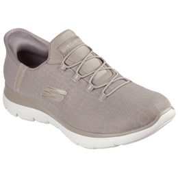 Slip-On Sneaker Skechers "SUMMITS-CLASSY NIGHT", Damen, Gr. 36, grau (taupe, goldfarben), Textil, Schuhe Slip-On Sneaker, Slipper, Freizeitschuh mit komfortabler Heel Pillow Funktion