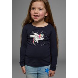 Langarmshirt Kidsworld "mit s&uuml;&szlig;em Einhorn Druck", M&auml;dchen, Gr. 128/134, blau (marine), Jersey, Obermaterial: 100% Baumwolle, bedruckt, Basic h&uuml;ftlang, Rundhals, abgesteppte Kante, Shirts Langarmshirt, lang&auml;rmlig, h&uuml;ftlange Passform, stylischer Druck