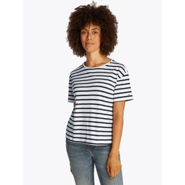 Kurzarmshirt Tommy Hilfiger "MODERN CO LINEN C-NK SS", Damen, Gr. XXXL(46), blau (breton schwarz night navy stp), Single Jersey, Obermaterial: 55% Leinen, 45% Baumwolle, gestreift, loose fit h&uuml;ftlang, Rundhals, abgesteppt, Shirts Kurzarmshirt, mit Streifenmuster,k&uuml;hlendes Premium Leinen