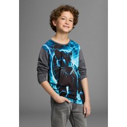 Langarmshirt Kidsworld "PANTHER, Fotoprint", Jungen, Gr. 164/170, grau (anthrazit), Single Jersey, Obermaterial: 100% Baumwolle. Vorderteil: 100% Polyester, bedruckt, Basic h&uuml;ftlang, Rundhals, Shirts Langarmshirt, Shirt mit Fotodruck, Gecko, Topseller