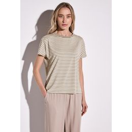 T-Shirt Street One "Style Crista", Damen, Gr. 36, grau (vintage stone), Jersey, Obermaterial: 95% Viskose, 5% Elasthan, gestreift, regular fit taillenbedeckt, Rundhals, Shirts T-Shirt, mit Streifen Muster