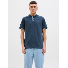 Jack & Jones Poloshirt JACK & JONES "JJEPAULOS MAO POLO", Herren, Gr. M, blau (oceanview), Piqu&eacute;, Obermaterial: 100% Baumwolle, unifarben, slim fit taillenbedeckt, Rundhals, Rippb&uuml;ndchen, Shirts Poloshirt, mit Logo Stickerei