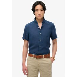 Kurzarmhemd Superdry "VACATION LINEN S/S SHIRT", Herren, Gr. 3XL, N-Gr, blau (navy), Web, Obermaterial: 100% Seide, gestreift, regular fit, Rundhals, Hemden Kurzarmhemd