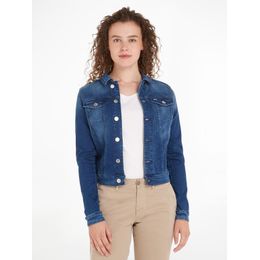 Jeansjacke Tommy Jeans "VIVIANNE SLIM TRUCKER NNMBS", Damen, Gr. XXS (32), blau (new niceville mid blau), Denim/Jeans, Obermaterial: 90% Baumwolle, 8% Elastomultiester, 2% Elasthan, unifarben, figurbetont, B&uuml;ndchen, Jacken Jeansjacke, mit Tommy Jeans Branding Kn&ouml;pfen & Logo-Flag