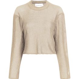 Strickpullover Calvin Klein Jeans "METALLIC SWEATER", Damen, Gr. XL (42), beige (frosted almond), Strick, Obermaterial: 52% Viskose, 40% Polyester, 8% metallisierte Fasern, unifarben, Rundhals, Pullover Strickpullover