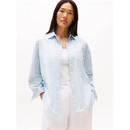 Shirtbluse Tommy Hilfiger "ESS POPLIN NEW EASY SHIRT", Damen, Gr. 46, blau (texturot thin stp, breezy blau), Web, Obermaterial: 100% Baumwolle, gestreift, regular fit, Blusen Shirtbluse