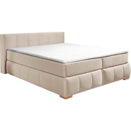 Boxspringbett Home Affaire "Chelles", beige, B:207cm L:245cm, Samtoptik (100% Polyester);Bezug der Spiegelfl&auml;che Matratzendrell aus 100% Polyester;Struktur fein 100% Polyester), Komplettbetten, Boxspringbett, inkl. Topper,, in XXL- &Uuml;berl&auml;nge 220 cm, Unterbox mit feine W&ouml;lbung