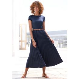 Midikleid Lascana, Damen, Gr. 40, N-Gr, blau (navy), Obermaterial: 100% Polyester. Obermaterial 2: 100% Polyester, unifarben, figurumspielend Midi, Rundhals, Kleider Midikleid, mit Plisseerockteil, Basic, modisch, Topseller