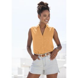 Blusentop Lascana, Damen, Gr. 38, orange (mango peach), Web, Obermaterial: 58% Viskose, 28% Baumwolle, 14% Leinen, unifarben, figurumspielend h&uuml;ftlang, V-Ausschnitt, Blusen Blusentop, aus softer Webware mit Leinenanteil, Damenbluse mit Hemdblusenkragen, Topseller