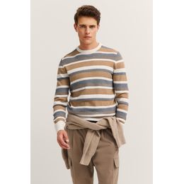 Rundhalspullover Bugatti "Regular Fit", Herren, Gr. XXL, 40, beige, Strick, 95% Baumwolle, 5% Kaschmir, gestreift, regular fit, Rundhals, Rippb&uuml;ndchen, Pullover Rundhalspullover, gestreift aus Kaschmir-Mix