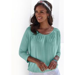 3/4-Arm-Shirt Lascana "mit zarter Raffung am Ausschnitt", Damen, Gr. 32/34, gr&uuml;n (mint), Jersey, Obermaterial: 95% Viskose (LENZING&trade; ECOVERO&trade;), 5% Elasthan, unifarben, Basic, figurumspielend normal, V-Ausschnitt, angeschnitten Umschlagsaum, Shirts 3/4-Arm-Shirt, aus weichem Viskose-Stretch, Topseller