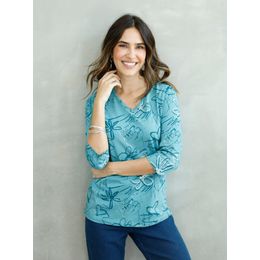 3/4-Arm-Shirt Classic Basics "Shirt", Damen, Gr. 48, blau (ozean), 100% Baumwolle, bedruckt, gemustert, V-Ausschnitt, Shirts 3/4-Arm-Shirt