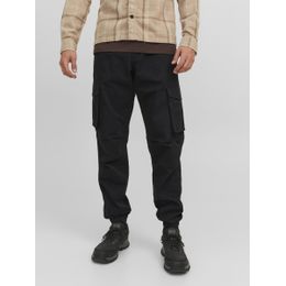 Jack & Jones Cargohose JACK & JONES "JPSTKANE NOAH CUFFED CARGO NOOS", Herren, Gr. XL, N-Gr, schwarz, Web, Obermaterial: 98% Baumwolle, 2% Elasthan, unifarben, relaxed fit kn&ouml;chellang, Hosen Cargohose