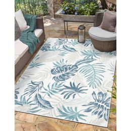 Teppich "Reef, LAGERR&Auml;UMUNG", blau (blau,cream,blau), B:200cm H:6mm L:300cm, Polypropylen, MyFlair M&Ouml;BEL & ACCESSOIRES, Teppiche, Teppich, Wendeteppich, Bl&auml;tter Motiv, Outdoor geeignet, Balkon, Terrasse