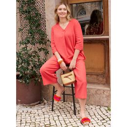 Longbluse sheego, Damen, Gr. 54, rot (hummer), 55% Leinen, 45% Viskose, unifarben, V-Ausschnitt, Blusen Longbluse