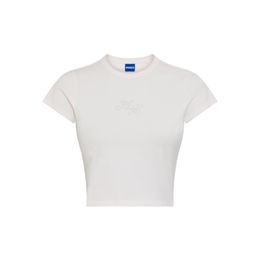 T-Shirt HUGO BLUE "Dome", Damen, Gr. M, natural 102, Single Jersey, Obermaterial: 94% Baumwolle, 6% Elasthan, unifarben, figurbetont taillenlang, Rundhals, Shirts T-Shirt, Cropped Fit, mit Logoschriftzug