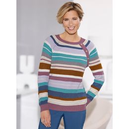 Rundhalspullover Classic Basics "Langarm-Pullover", Damen, Gr. 44, lila (jeansblau, violett, gestreift), 100% Polyacryl, gemustert, gestreift, mehrfarbig, Pullover Rundhalspullover