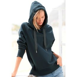Kapuzensweatshirt ELBSAND "Svana", Damen, Gr. L (40), blau (marine), Sweatware, Obermaterial: 95% Baumwolle, 5% Elasthan, unifarben, figurumspielend h&uuml;ftlang, Raglan&auml;rmel extrabreites B&uuml;ndchen, Sweatshirts Kapuzensweatshirt, mit Logoprint, bequemer Hoodie, seitliche Schlitze