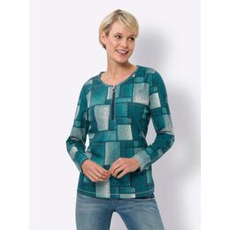 Langarmshirt Classic Basics "Langarm-Shirt", Damen, Gr. 38, blau (aquapetrol, salbei, bedruckt), 100% Baumwolle, gemustert, mehrfarbig, Rundhals, Shirts Langarmshirt