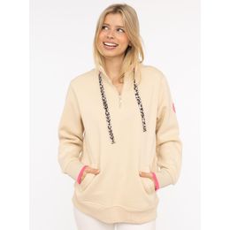 Troyer Zwillingsherz "Wild Vibes", Damen, Gr. L/XL, beige, angeraute Sweatware, Obermaterial: 50% Baumwolle, 50% Polyester, h&uuml;ftbedeckend, ohne Ausschnitt, Pullover Troyer, mit Stehkragen, Leodetails und gro&szlig;er WILD VIBES Applikation am R&uuml;cken