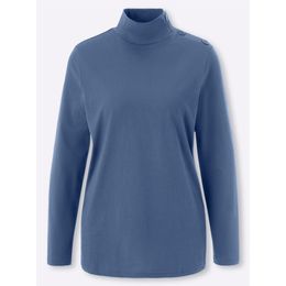 Langarmshirt Classic Basics "Stehkragen-Shirt", Damen, Gr. 52, blau (jeansblau), 100% Baumwolle, unifarben, Shirts Langarmshirt