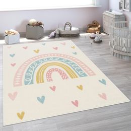Kinderteppich Paco Home "Nino 887", beige (creme), B:160cm H:13mm L:220cm, Polypropylen, Teppiche, Kinderteppich, Kurzflor, Spielteppich, Motiv Regenbogen & Herzen, Kinderzimmer
