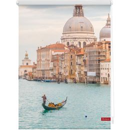 Seitenzugrollo LICHTBLICK ORIGINAL "Rollo Klemmfix, ohne Bohren, Verdunkelung, Venedig Canal Grande - Blau", blau (blau, wei&szlig;), B:150cm H:45cm, Polyester, Rollos, Seitenzugrollo