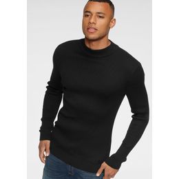 Stehkragenpullover Bruno Banani, Herren, Gr. M (48/50), schwarz, Feinstrick, Obermaterial: 50% Baumwolle, 50% Polyacryl, Basic, slim fit, B&uuml;ndchen, Pullover Stehkragenpullover, in Rippstrickoptik