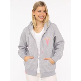 Sweatjacke Zwillingsherz "Salty & Happy", Damen, Gr. L/XL, grau (hellgrau), angeraute Sweatware, Obermaterial: 50% Baumwolle, 50% Polyester, h&uuml;ftbedeckend, ohne Ausschnitt, angesetztes B&uuml;ndchen, Sweatjacken Sweatjacke, Kapuze, Langarm, Rei&szlig;verschluss, modisch, maritim, Kordelzug