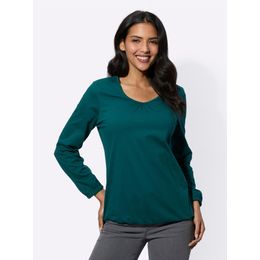 Langarmshirt Classic Basics "Langarm-Shirt", Damen, Gr. 40, blau (petrol), 100% Baumwolle, unifarben, V-Ausschnitt, Shirts Langarmshirt