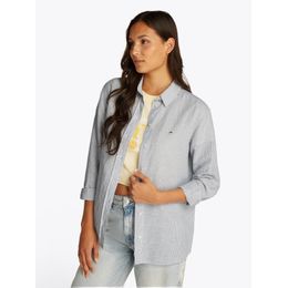 Hemdbluse Tommy Jeans "TJW RLX LINEN SHIRT", Damen, Gr. XL (42), blau (colorado blau), Web, Obermaterial: 75% Baumwolle, 25% Leinen, gestreift, relaxed fit h&uuml;ftlang, &Auml;rmel mit &Auml;rmelschlitz 1-Knopf-Manschette, Blusen Hemdbluse, mit Logostickerei
