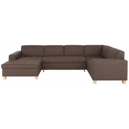 Wohnlandschaft Home Affaire "Corby, viel Platz und Komfort, U-Form", braun (mittelbraun), B:333cm H:80cm T:199cm, Struktur fein (100% Polyester);Chenille (100% Polyester);NaturLEDER (echtes Rindsleder) auf Sitzfl&auml;che, Kunstleder im Korpus;Melrose (100% Polyester), Sofas, Wohnlandschaft, wahlweise mit Bettfunktion, Steppung auf Sitzfl&auml;che