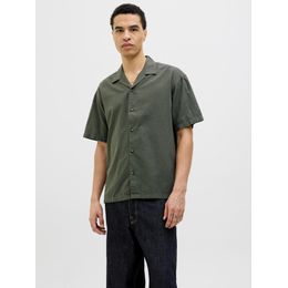 Jack & Jones Kurzarmhemd JACK & JONES "JJESUMMER RESORT SHIRT SS SN", Herren, Gr. XS, N-Gr, gr&uuml;n (beetle), Web, Obermaterial: 83% Baumwolle, 17% Leinen, relaxed fit taillenbedeckt, ohne Ausschnitt, gerader Abschluss, Hemden Kurzarmhemd, mit Resort Kragen