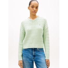 Strickpullover Tommy Hilfiger "CO CABLE MID GG RLX LS V-NK SWT", Damen, Gr. XL (46), gentle jade, Strick, Obermaterial: 100% Baumwolle, unifarben, relaxed fit normal, V-Ausschnitt, Pullover Strickpullover, mit Zopfmuster