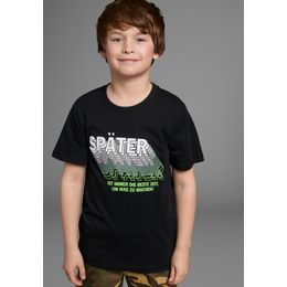 T-Shirt Kidsworld "SP&Auml;TER......", Jungen, Gr. 152/158, schwarz, Jersey, Obermaterial: 100% Baumwolle, bedruckt, Basic, Basic, Rundhals, Shirts T-Shirt, Kurzarm, perfekte Passform, mit coolen Statements und Spr&uuml;chen, Topseller