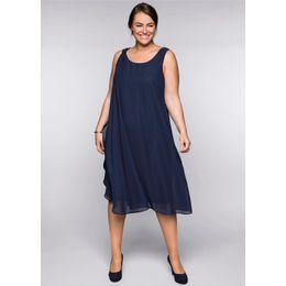Chiffonkleid sheego "Kleid", Damen, Gr. 56, Normalgr&ouml;&szlig;en, blau (marine), 100% Polyester, unifarben, wadenlang, Rundhals, Kleider Chiffonkleid