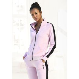 Sweatjacke BENCH. LOUNGEWEAR, Damen, Gr. 40/42, rosa (rosa, schwarz), Jersey, Obermaterial: 60% Baumwolle, 40% Polyester, unifarben mit Farbeinsatz, bequem h&uuml;ftbedeckend, ohne Ausschnitt, Raglan&auml;rmel Rippb&uuml;ndchen, Sweatjacken Sweatjacke, mit Seitenstreifen und Stehkragen, Loungewear, Topseller
