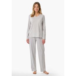 Schlafanzug Schiesser "Casual Essentials", Damen, Gr. 44, silber (210, silbergrau, meliert), Single Jersey, Obermaterial: 100% Baumwolle, bequem lang, V-Ausschnitt, Homewear-Sets Schlafanzug, Baumwolle, V-Ausschnitt, lang&auml;rmelig