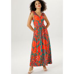 Sommerkleid Aniston SELECTED, Damen, Gr. 44, N-Gr, bunt (gr&uuml;n, rot, orange), Single Jersey, Obermaterial: 95% Viskose, 5% Elasthan, bedruckt, figurumspielend lang, V-Ausschnitt, Kleider Sommerkleid, mit breiten Tr&auml;gern zum Raffen, Topseller