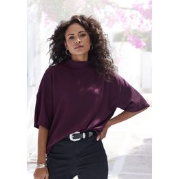 Kurzarmshirt Lascana "mit Stehkragen", Damen, Gr. 48/50, lila (aubergine), Cr&ecirc;pe, Obermaterial: 97% Polyester, 3% Elasthan, unifarben, l&auml;ssig geschnitten, Shirts Kurzarmshirt, aus b&uuml;gelfreier Cr&ecirc;pe-Qualit&auml;t, Topseller