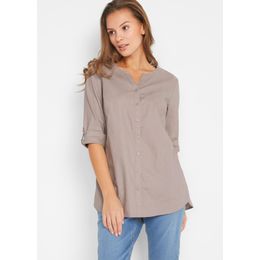 Langarmbluse bonprix "Bluse mit Leinen, 3/4 Arm", Damen, Gr. 40, grau (naturstein), Obermaterial: 55% Leinen, 45% Baumwolle, regular fit, Blusen Langarmbluse, Regular Fit, f&uuml;r den Alltag, aus Leinen und Baumwolle