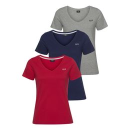 H.I.S. T-Shirt H.I.S "Essential-Basics", Damen, Gr. 52/54, bunt (blau, grau, rot), Obermaterial: 100% Baumwolle. Obermaterial Melange: 95% Baumwolle, 5% Viskose, bestickt, clean, unifarben, Basic, figurumspielend h&uuml;ftlang, V-Ausschnitt, Shirts T-Shirt, h&uuml;ftlange Passform, figurumspielender Schnitt, aus 100% Baumwolle, Topseller