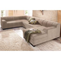 Wohnlandschaft Home Affaire "Falk klare Linien, zeitlos und komfortabel, U-Form", beige (natur), B:320cm H:77cm T:90cm, Luxus-Microfaser (100% Polyester);Microfaser PRIMABELLE (100% Polyester);Microfaser in Antiklederoptik (100% Polyester), Sofas, Wohnlandschaft, mit Federkern und wahlweise mit Bettfunktion