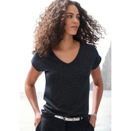 Kurzarmshirt Lascana "mit silberfarbenem Glitzereffekt", Damen, Gr. 44/46, schwarz, Obermaterial: 65% Polyester (REPREVE), 16% metallisierte Faser (LUREX), 15% Viskose, 4% Elasthan, Glitzermuster, bequem, V-Ausschnitt, Shirts Kurzarmshirt, aus pflegeleichter Qualit&auml;t mit Viskose