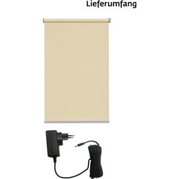 Elektrisches Rollo SUNLINES "Miami", beige (sand, silberfarben), B:90cm H:180cm, Polyester, Rollos, Elektrisches Rollo, appgesteuert via Bluetooth, mit Motor & Akku, silberfarbener Fallstab