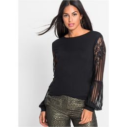 Langarmshirt bonprix "Langarmshirt aus Viskose-Mix", Damen, Gr. 48/50 (XL), schwarz, Obermaterial: 95% Viskose, 5% Elasthan. Spitze: 100% Polyester, figurumspielend, Shirts Langarmshirt, figurumspielende Passform, Ballon-&Auml;rmel aus Spitze, aus Viskose-Mix